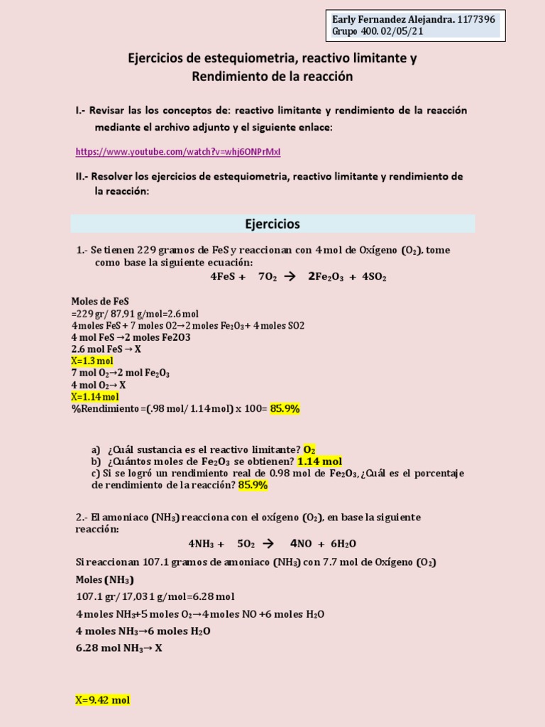 Ejercicios de Reactivo Limitante y Rendimiento de Reacción PDF | PDF | Ácido clorhídrico ...