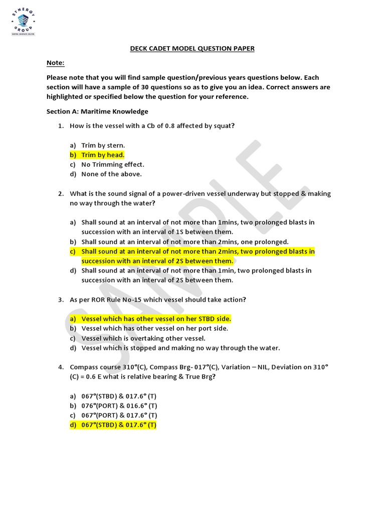 Sample Deck Cadet Model Question Paper: Maritime Knowledge and ...