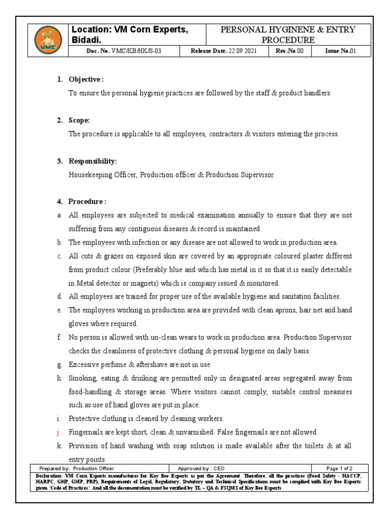 03-Personal Hygiene Practices & Entry Procedure | PDF | Hygiene | Safety