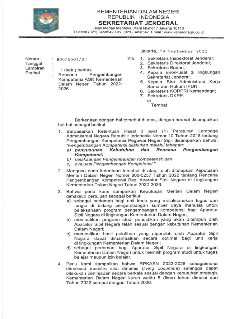 Kepmendagri Rencana Pengembangan Kompetensi Asn KDN 2022 S.D 2026 (BPSDM) | PDF