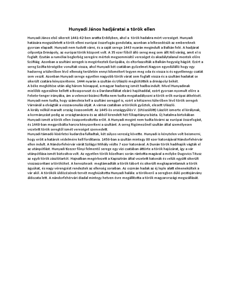 Hunyadi János Hadjáratai A Török Ellen | PDF