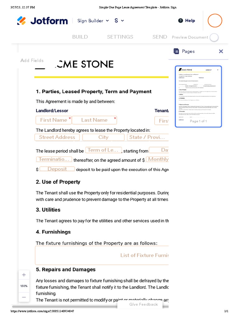 One Page Lease Agreement Template | PDF