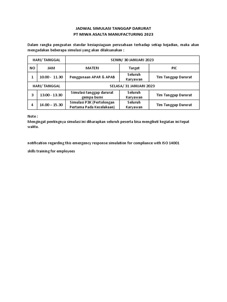 Jadwal Simulasi Tanggap Darurat 2023 | PDF