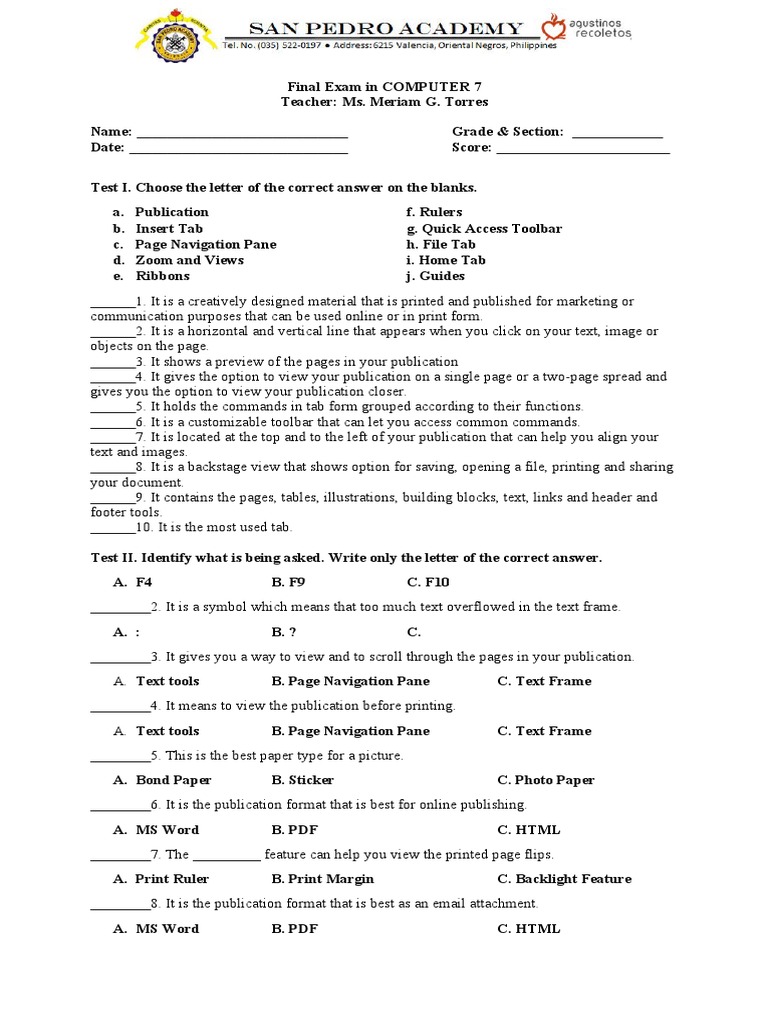 Fourth Grading Examination (Computer 7) | PDF | Microsoft Word | Html