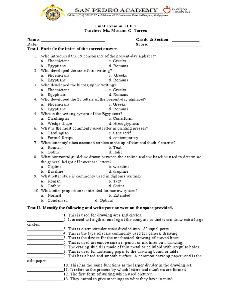 TLE 7 Final Exam Review Guide | PDF | Egyptian Hieroglyphs | Greek Alphabet