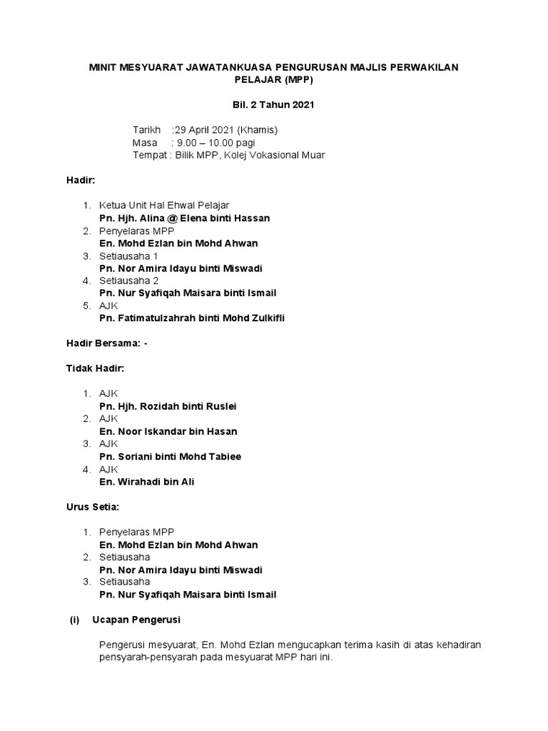 Minit Mesyuarat MPP 2 2021 | PDF