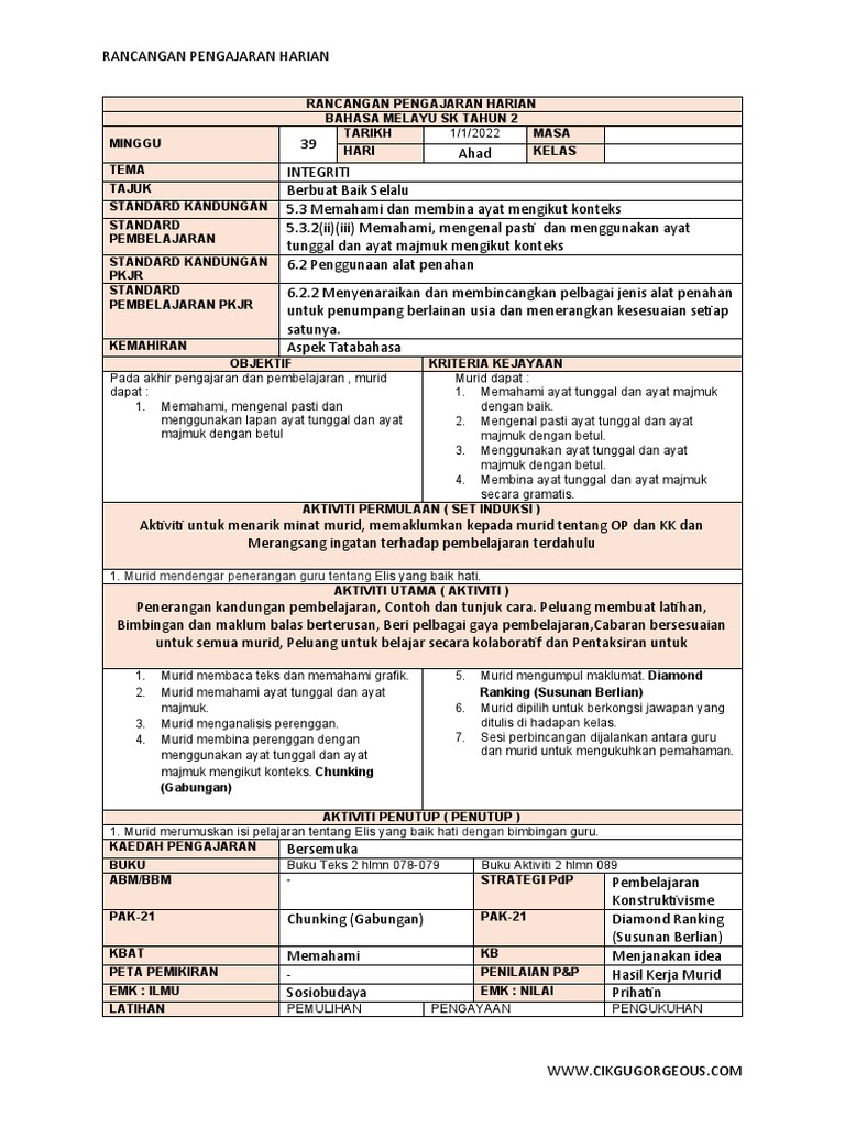 RPH Minggu 40 BM THN 2 by Cikgu Gorgeous | PDF