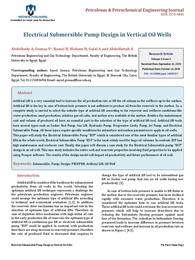 Electrical Submersible Pump Design in Vertical Oil Wells | PDF ...