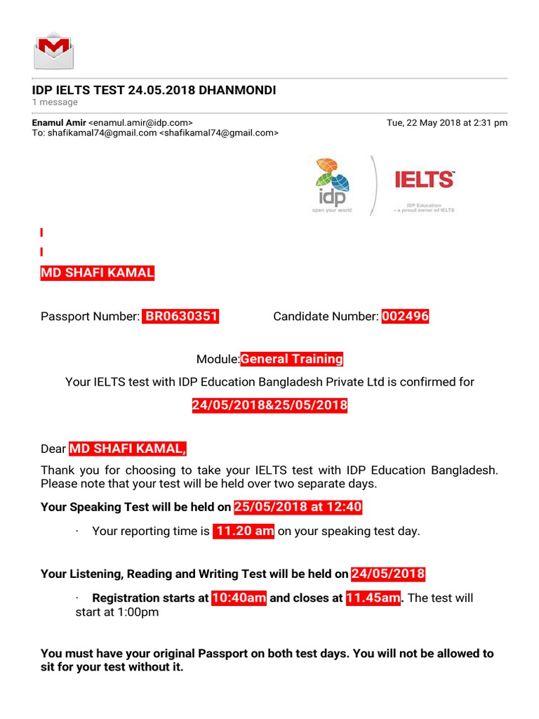 Gmail - IDP IELTS TEST 24.05.2018 DHANMONDI | PDF