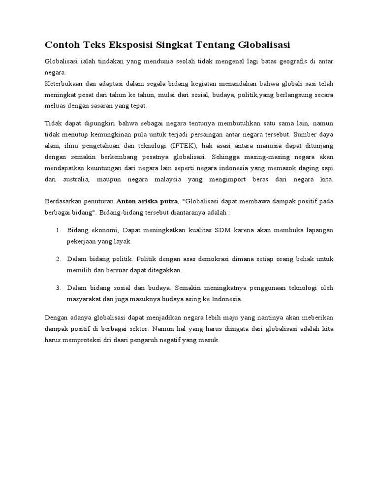 Contoh Teks Eksposisi Singkat Tentang Globalisasi | PDF