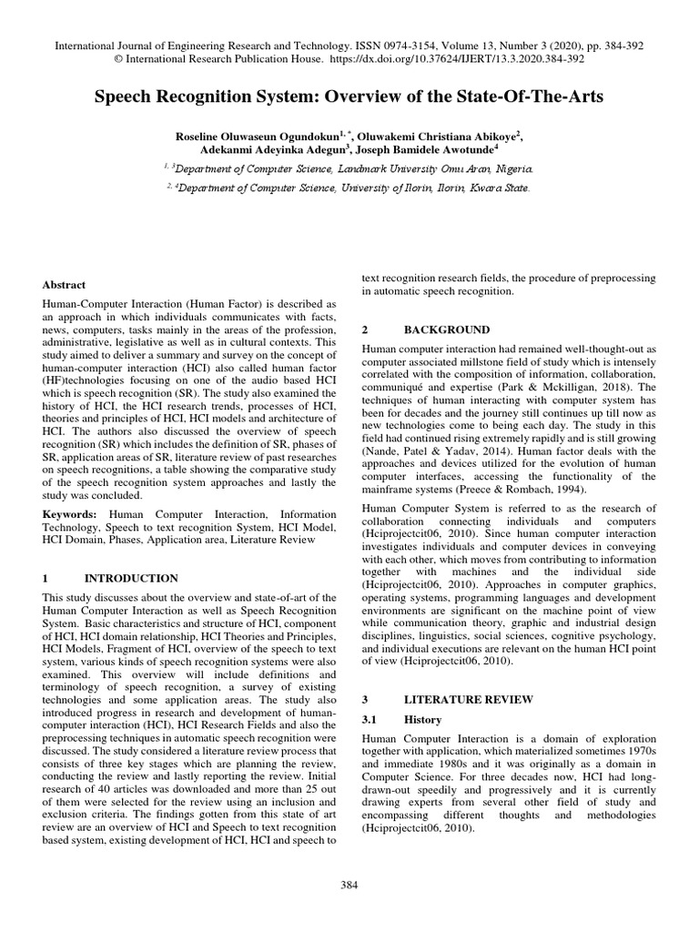 Speech Recognition System Overview Of The State Of The Arts Pdf Speech Recognition Human