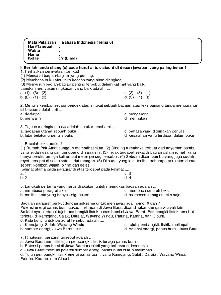 Soal Tema 6 Kelas 5 Semester 2 T.A 2022-2023 Mapel Bahasa Indonesia PDF | PDF | Seni & Disiplin ...