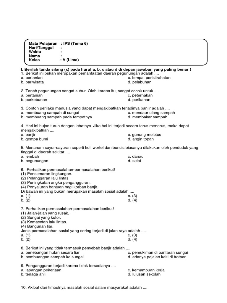 Soal Tema 6 Kelas 5 Semester 2 T.A 2022-2023 Mapel IPS | PDF