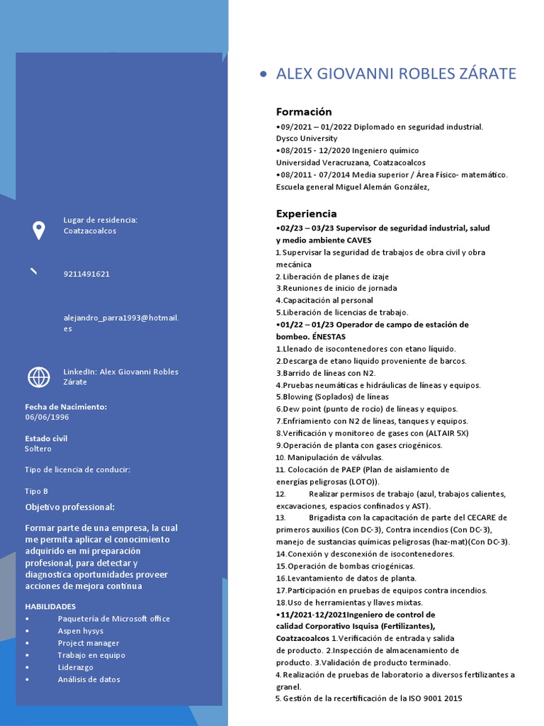 CV - ALEX GIOVANNI ROBLES ZÁRATE - INGENIERO QUIMICO Español | PDF | Ciencias fisicas | Química