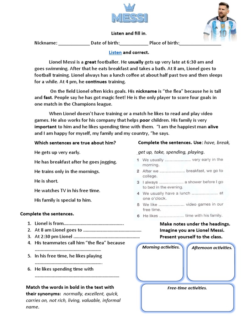 Lionel Messi's Daily Routine Worksheet | PDF