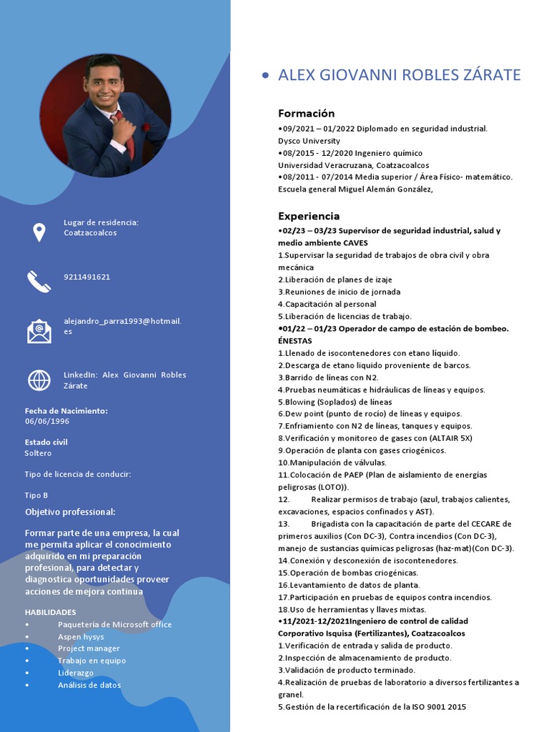 CV - ALEX GIOVANNI ROBLES ZÁRATE - INGENIERO QUIMICO Español | PDF ...