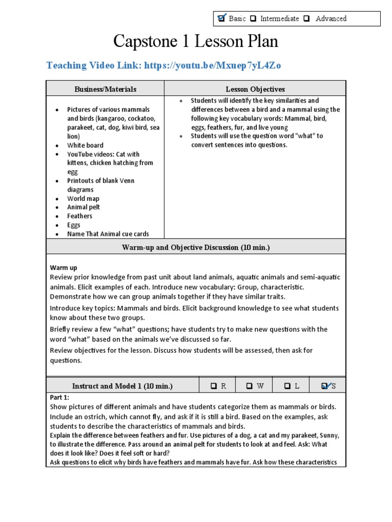 Capstone 1 Lesson Plan | Download Free PDF | Birds | Question