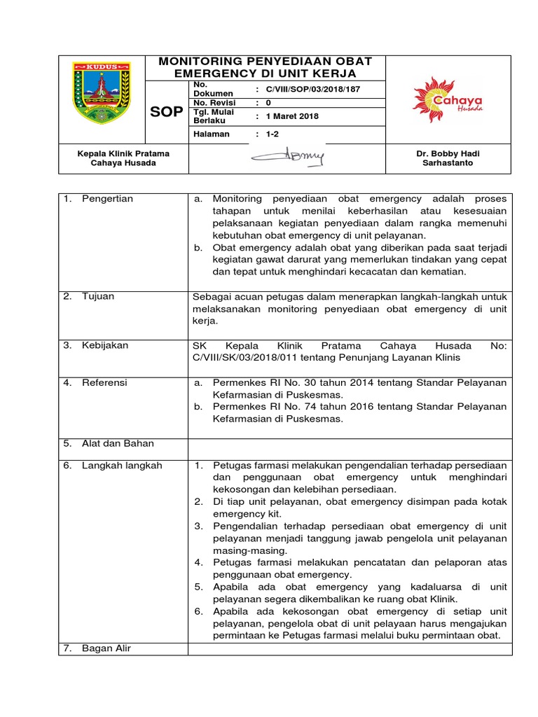 Sop Monitoring Penyediaan Obat Emergency Di Unit Kerja | PDF