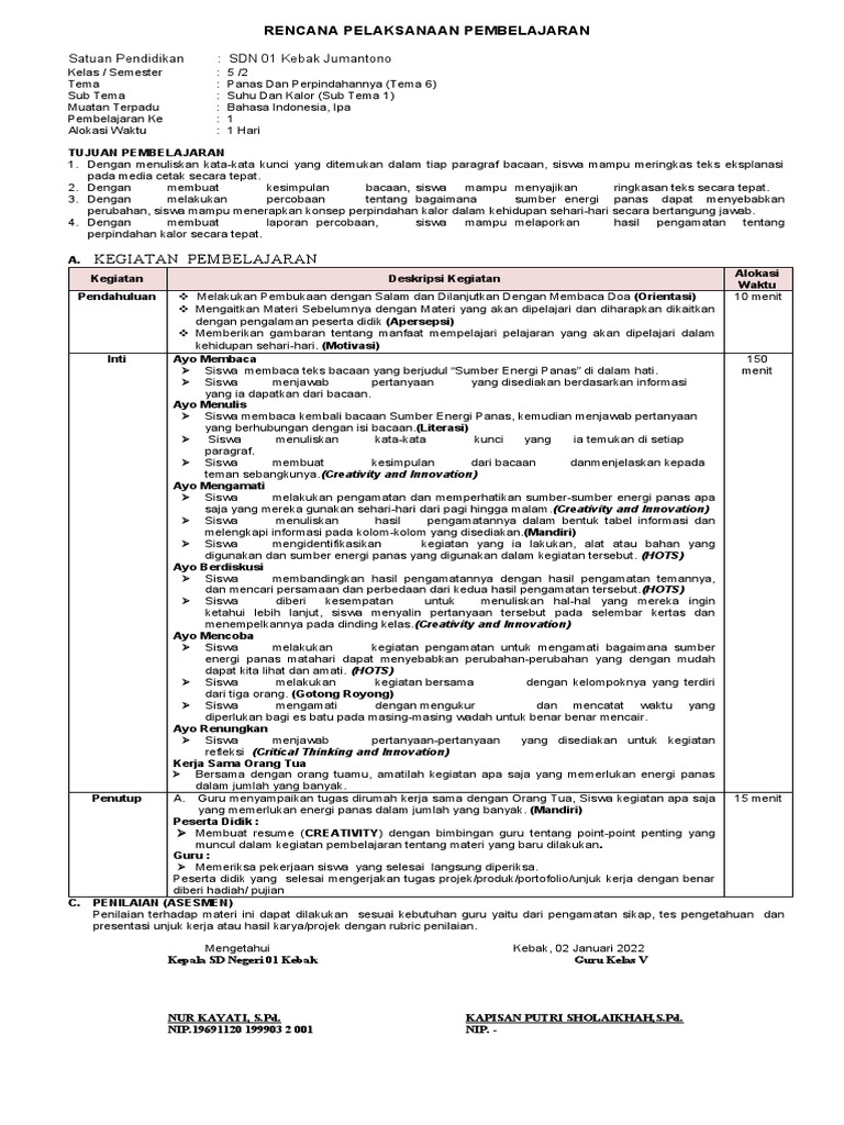 RPP Tema 6 Subtema 1 | PDF