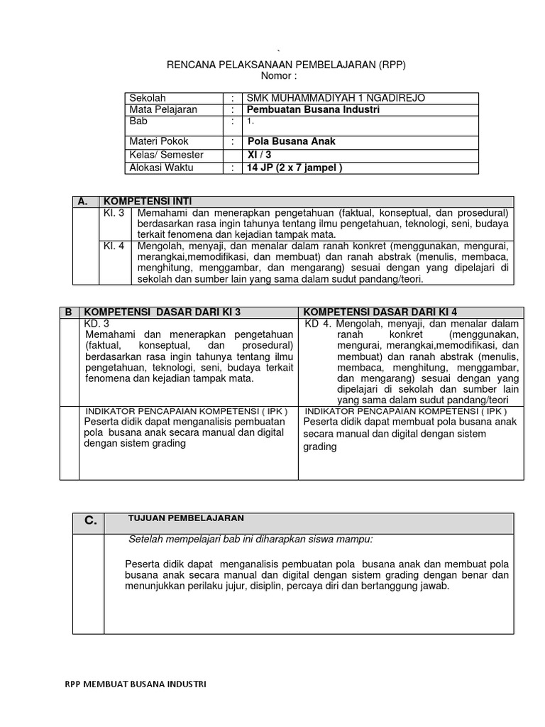 RPP Pembuatan Busana Industri Kelas Xi Tata Busana | PDF