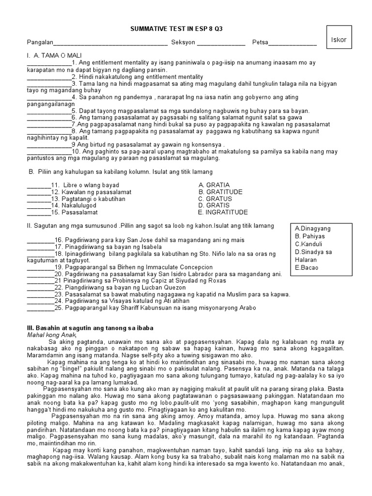 Summative Test in Esp 8 Q3 | PDF