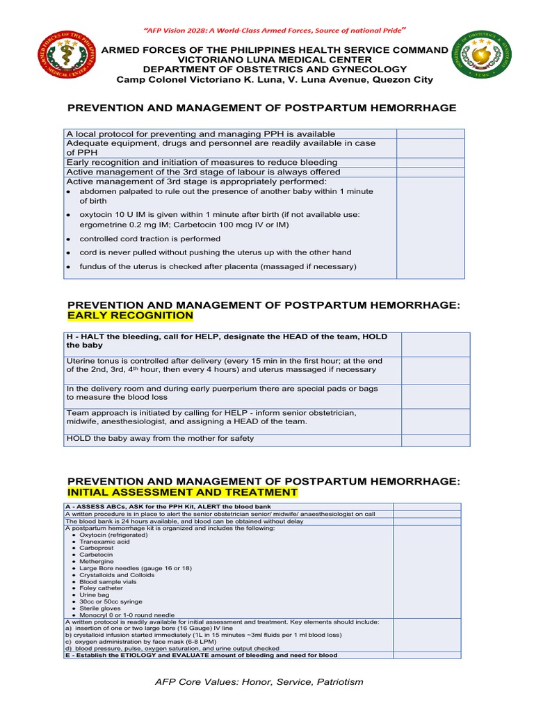Patient Safety Checklist For Post Partum Hemorrhage PDF | PDF ...