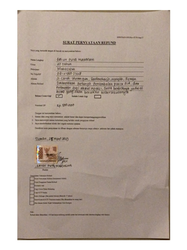 SURAT PERNYATAAN REFUND | PDF