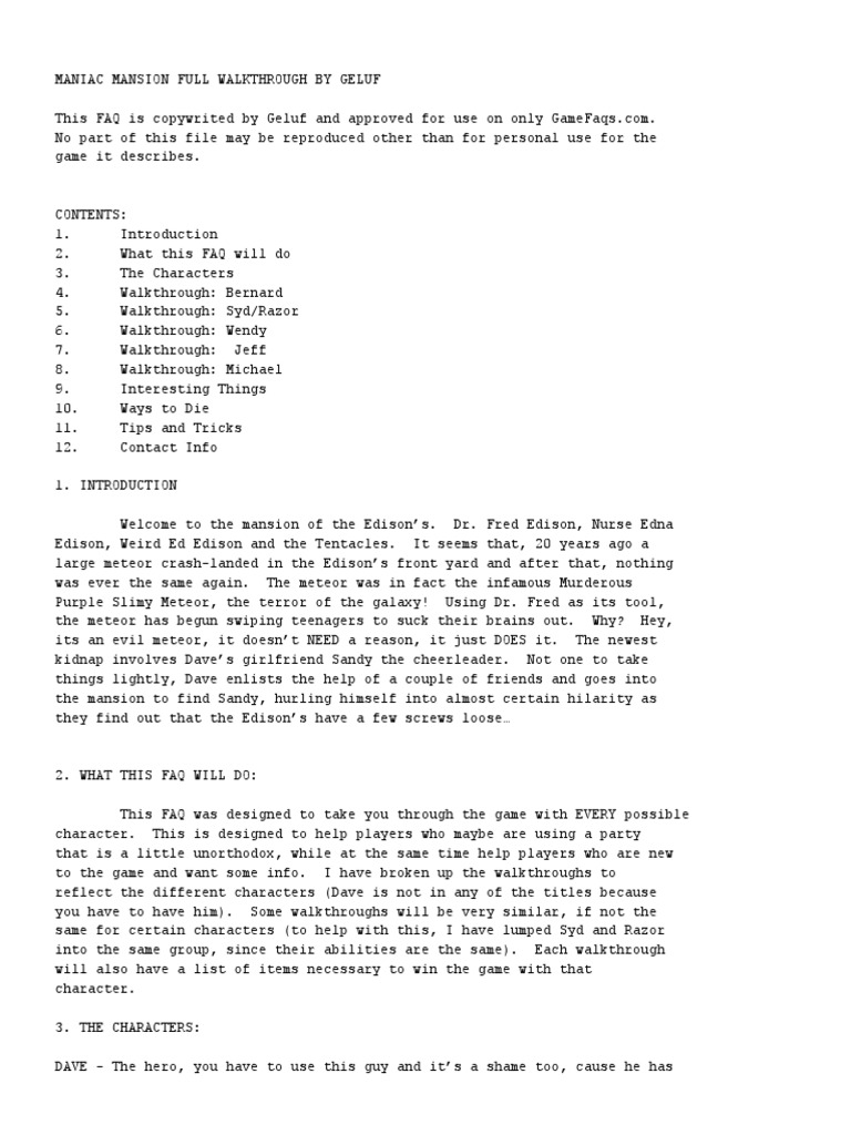 Maniac Mansion - Guide and Walkthrough - NES | PDF | Manufactured Goods