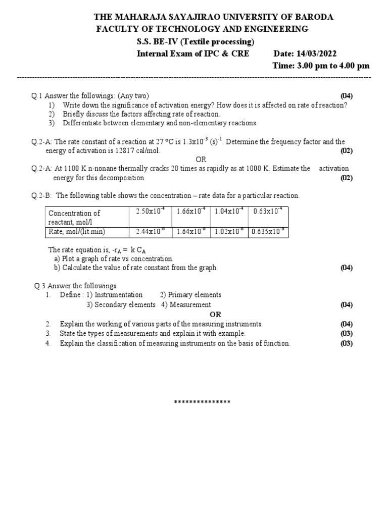 IPC-CRE Internal Exam-2022 | Download Free PDF | Reaction Rate ... IPC-CRE Internal Exam-2022 | Download Free PDF | Reaction Rate ...