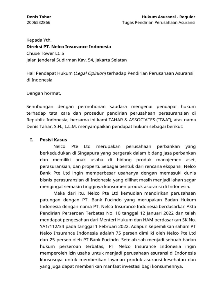 Legal Opinion Hukum Asuransi - Denis Tahar - 2006532866 | PDF