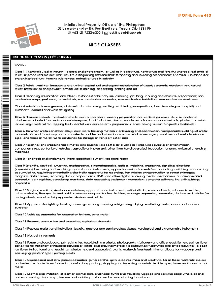IPOPHL Form 410 NICE Classes Reference | PDF | Drink | Machines