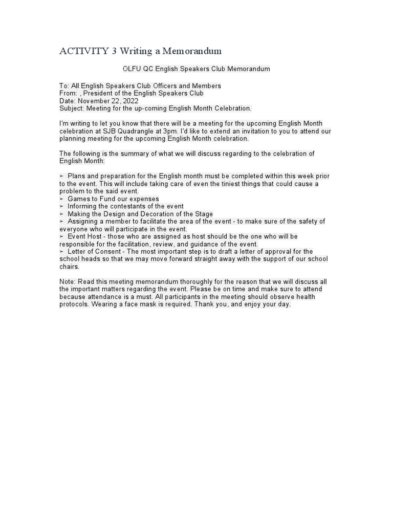 English Month Celebration Meeting Memo | PDF