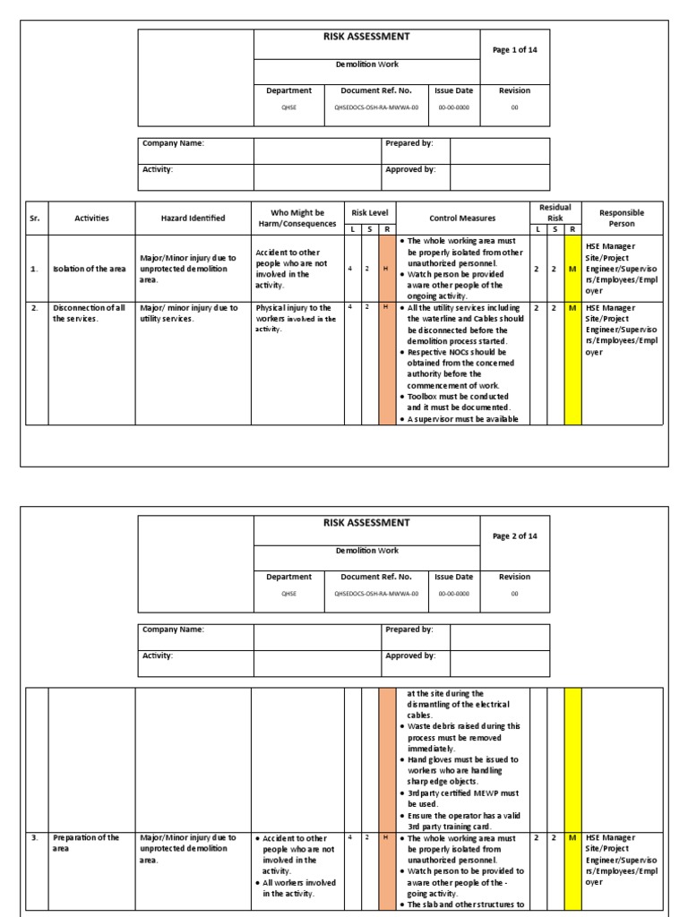 QHSEDOCS-Demolition Work Activities Risk Assessment | PDF ...