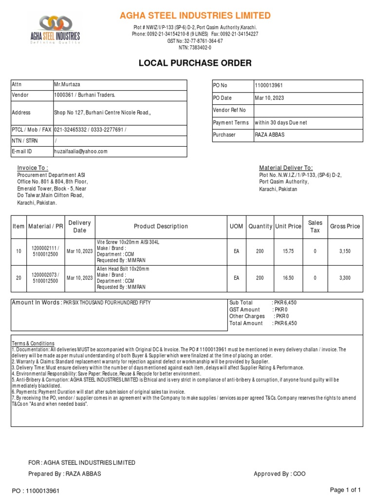 Local Purchase Order: Agha Steel Industries Limited | PDF | Invoice ...