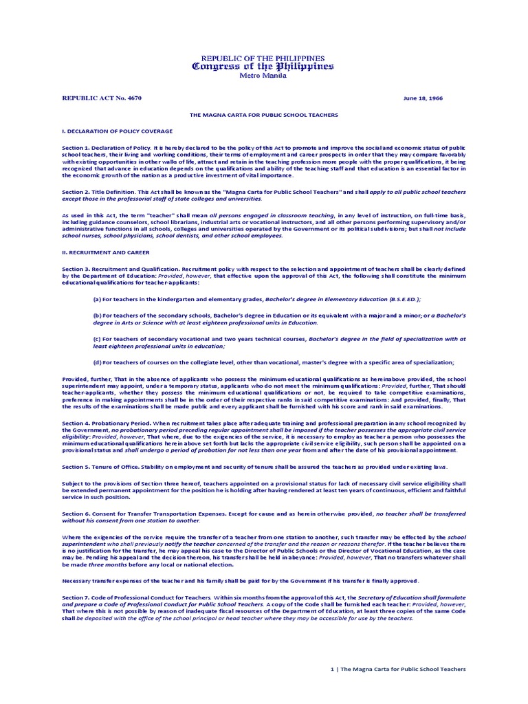 Ra 4670 The Magna Carta For Public School Teachers PDF | PDF | Cost Of Living | Teachers