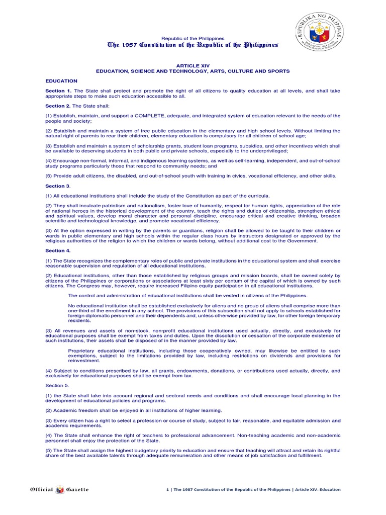 The 1987 Constitution of The Republic of The Philippines (Article 14 ...