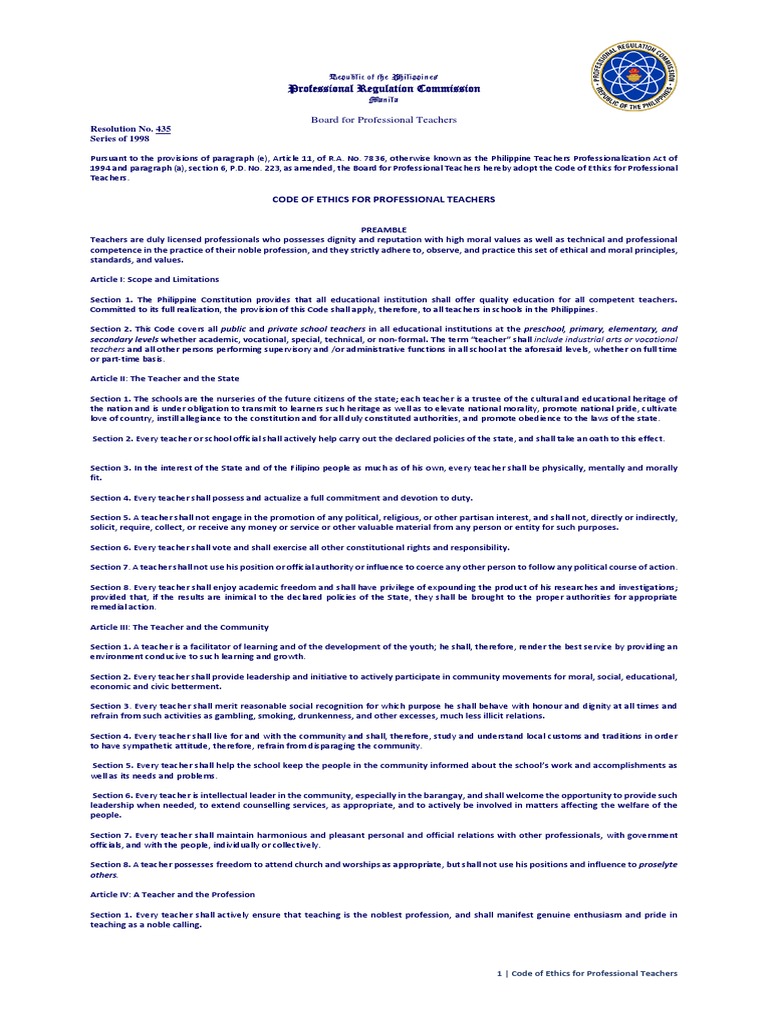 Reso No. 435 (Code of Ethics For Professional Teachers) PDF | PDF | Teachers | Profession