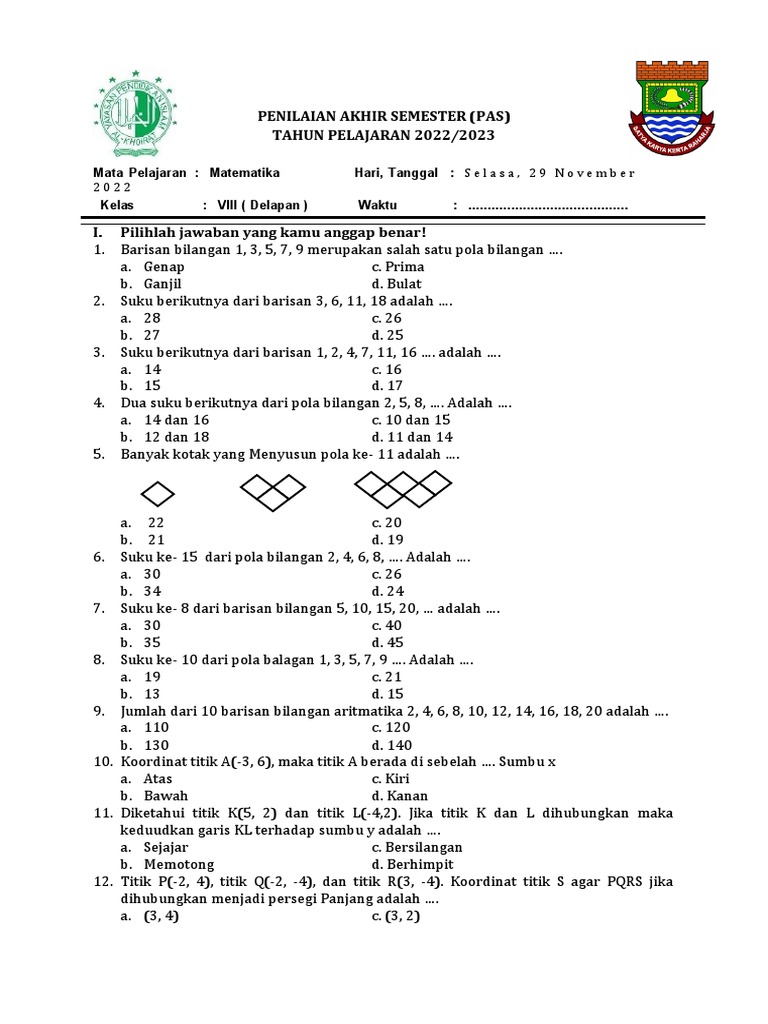 Soal Pas Ganjil MTK Kelas 8 | PDF