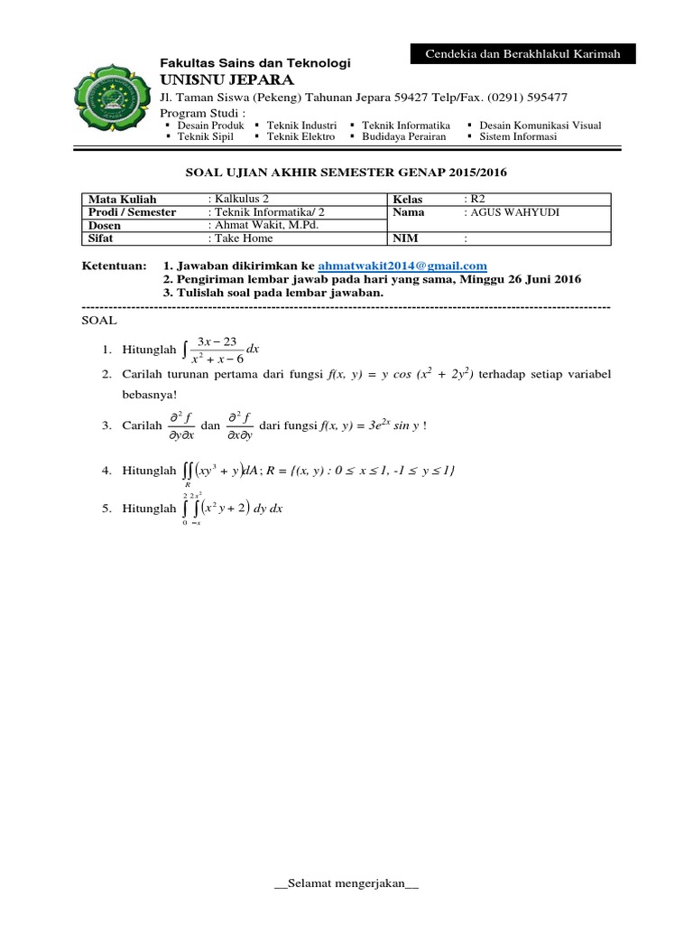 Soal Uas Kalkulus 2 Rif R | PDF | Metode & Bahan Ajar