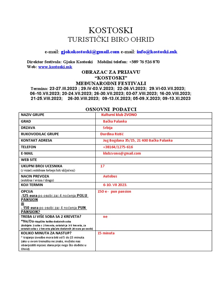 Obrazac Za Prijavu | PDF