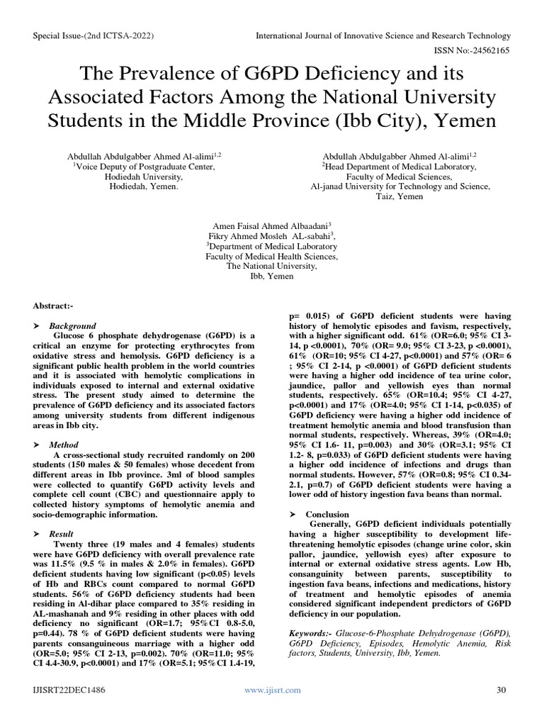 The Prevalence of G6PD Deficiency and Its Associated Factors Among The ...