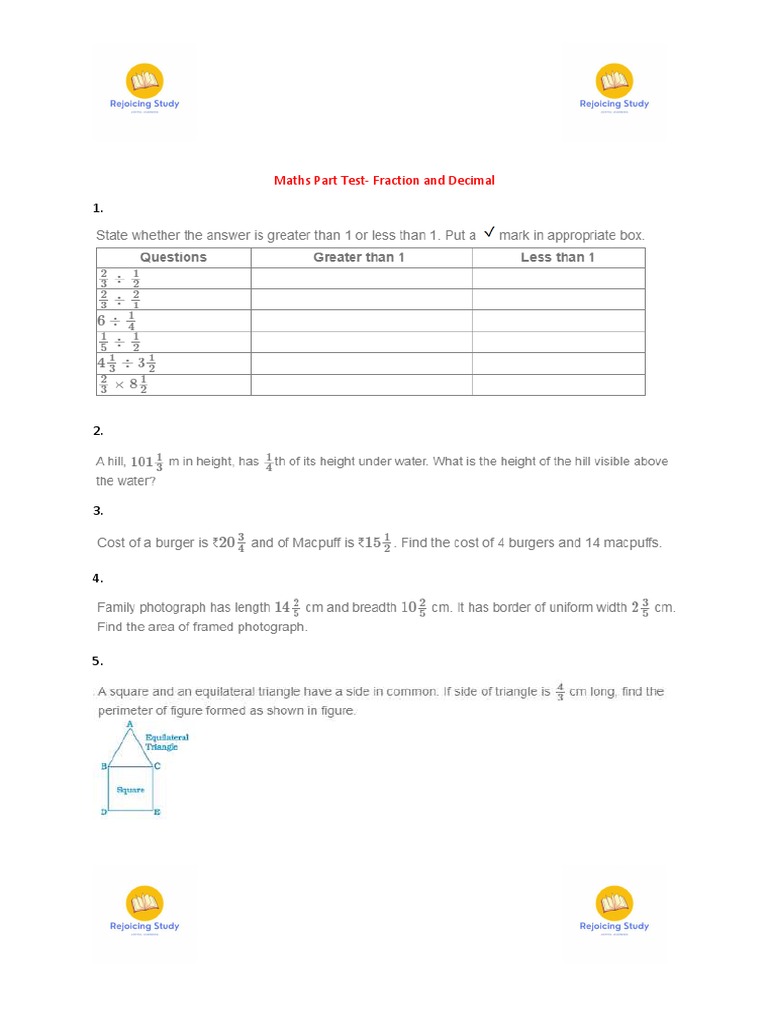 Maths Part Test Fractions | PDF