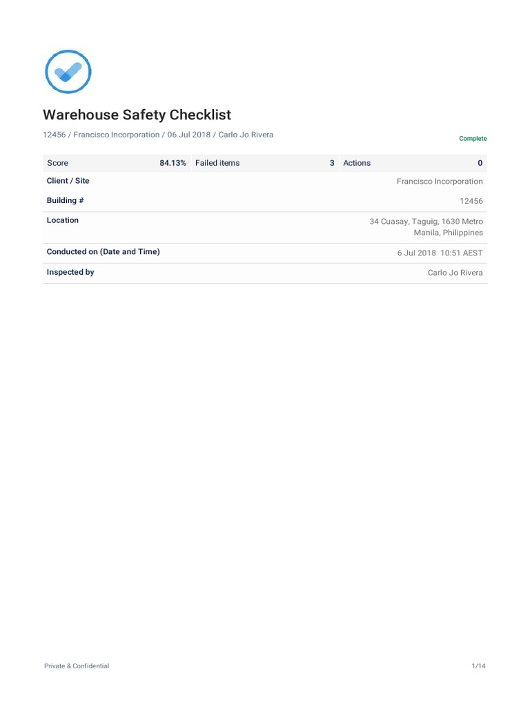 Warehouse Safety Checklist Sample Report | PDF | Forklift | Hazards