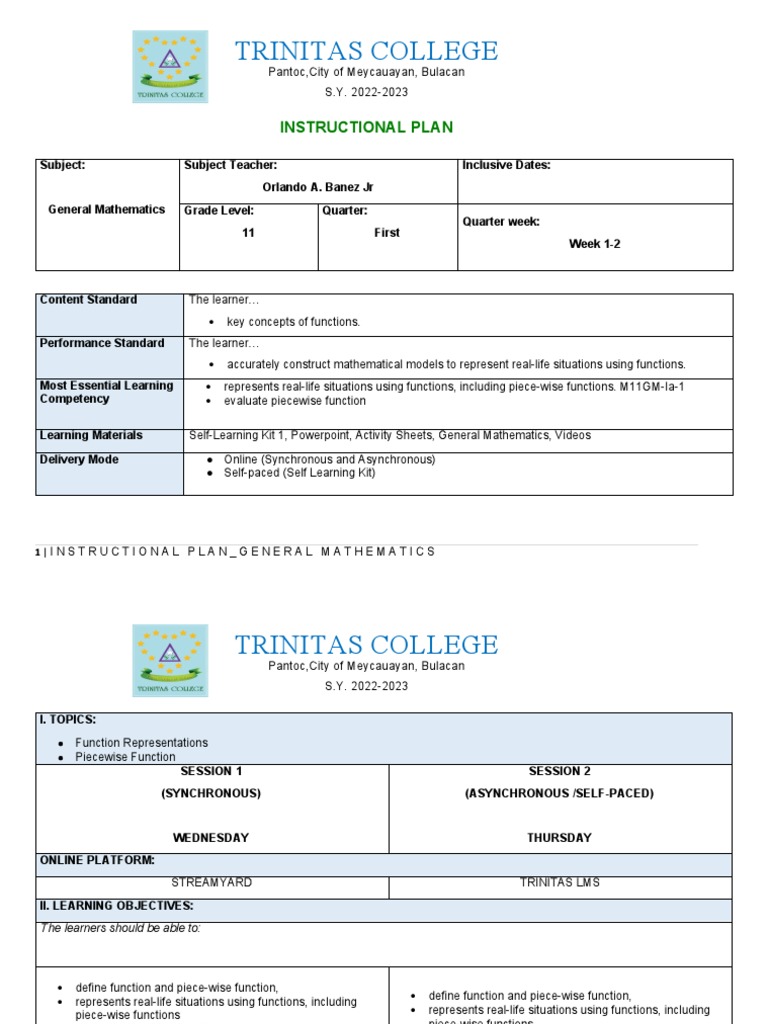 Trinitas College Instructional Plan on Functions and Piecewise ...