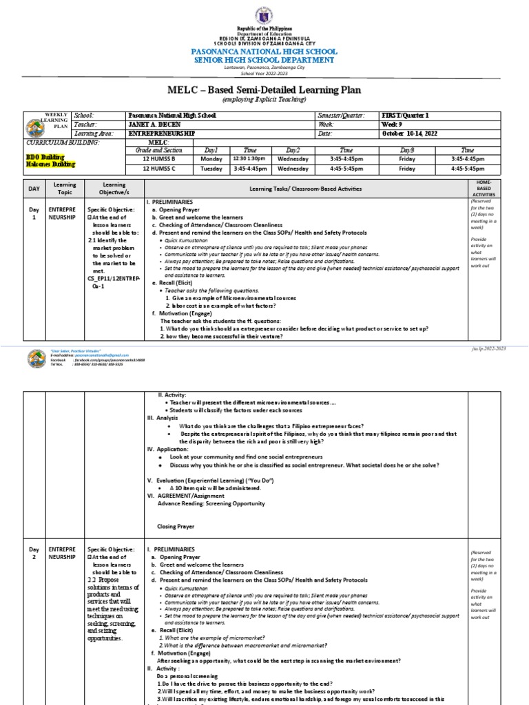 MELC - Based Semi-Detailed Learning Plan: Pasonanca National High ...