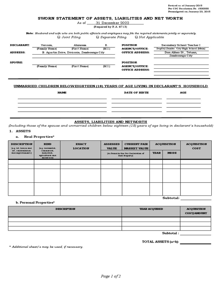Revised SWORN STATEMENT Assets Form | PDF | Net Worth | Money