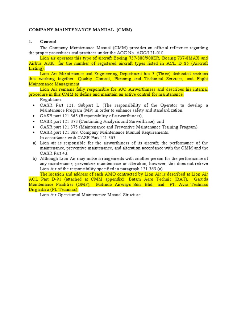 Company Maintenance Manual (CMM) 1. General | PDF | Aviation | Transport