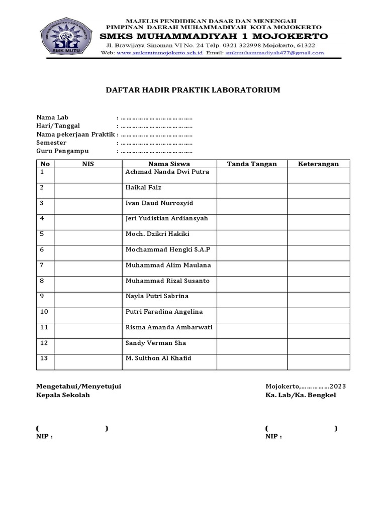 Daftar Hadir Praktik Laboratorium | PDF