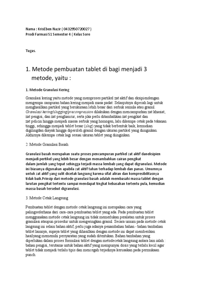 Metode Pembuatan Tablet Di Bagi Menjadi 3 Metode, Yaitu | PDF