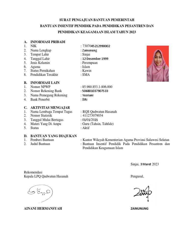 SURAT PENGAJUAN INSENTIF GURU 2023 Nunung-1 PDF | PDF